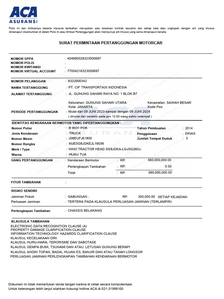 PT CIF Transportasi Indonesia (B 9031 POK) | PDF