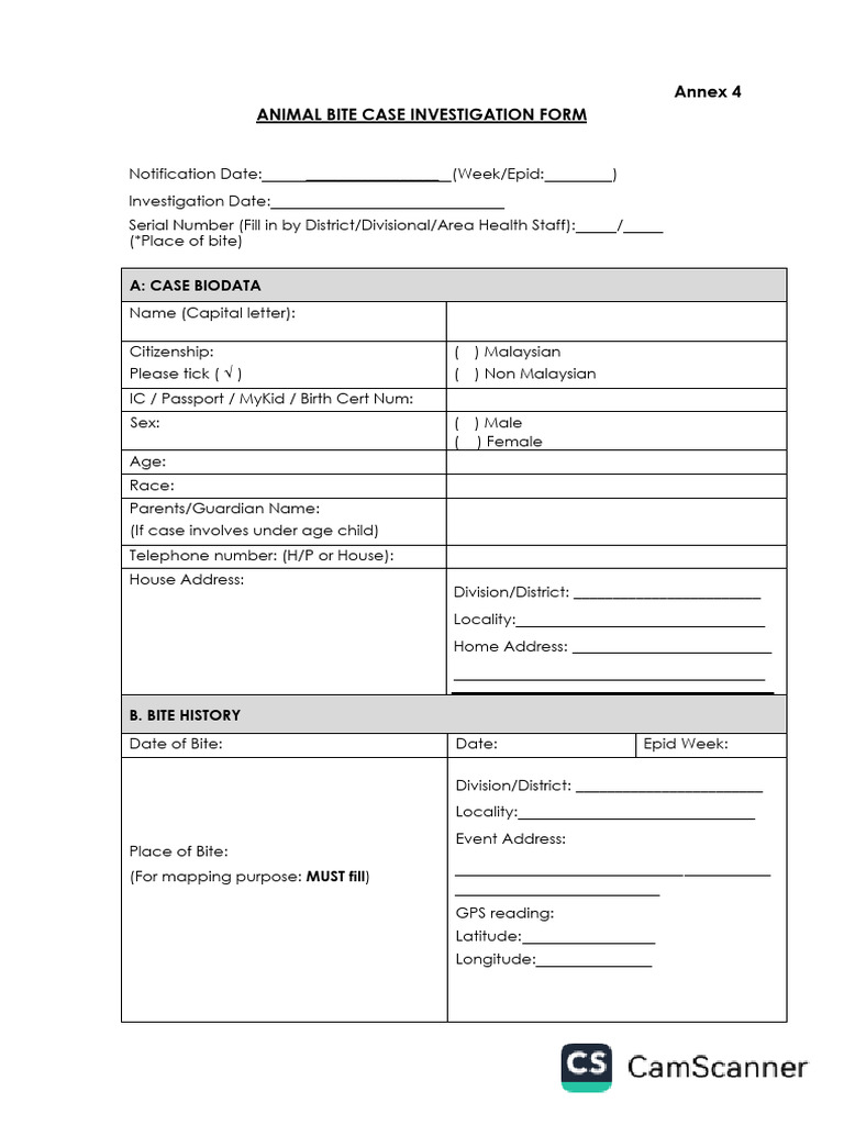 Animal Bite Investigation Form Ik To Veterinar Annex 4 | PDF | Diseases ...