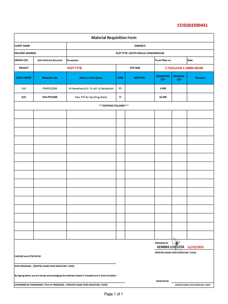PLDT FTTB Material Requisition Form | PDF