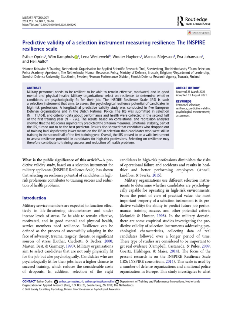 INSPIRE Resilience Scale: Predictive Validity | PDF | Psychological ...