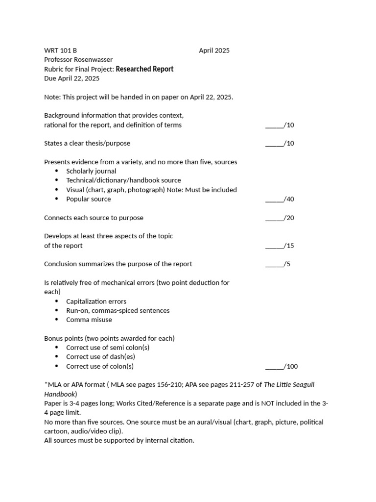 2025 Rubric for Final Report WRT 101 B November 2024 | PDF