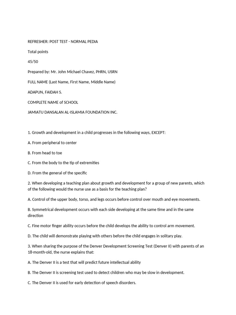 Post Test (Normal Pedia) | PDF | Infants | Toddler