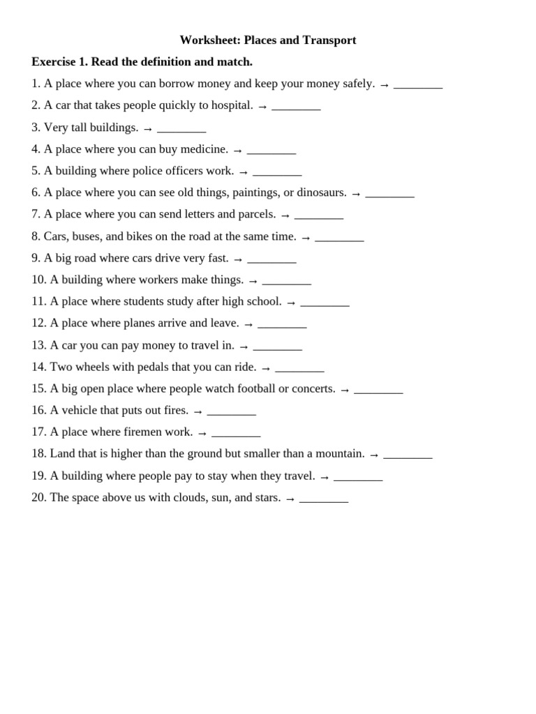 Places and Transport Vocabulary Worksheet | PDF