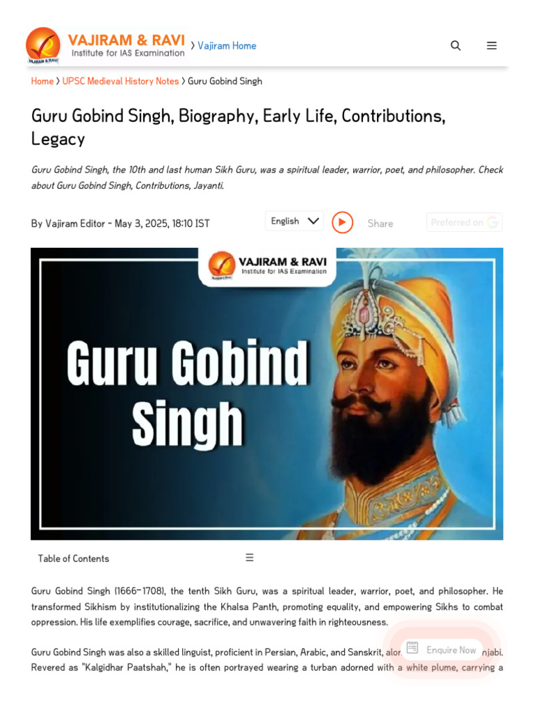 Guru Gobind Singh, Biography, Early Life, Contributions, Legacy | PDF ...