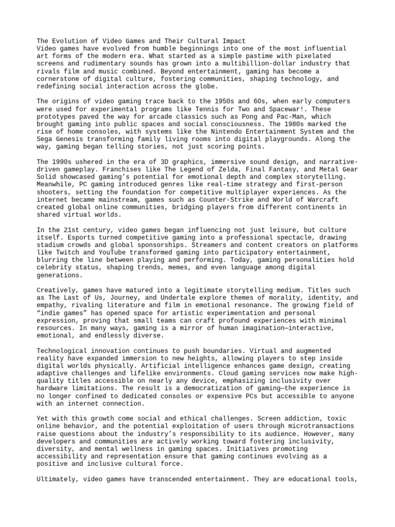 Evolution of Video Games and Cultural Impact | PDF | Video Games ...