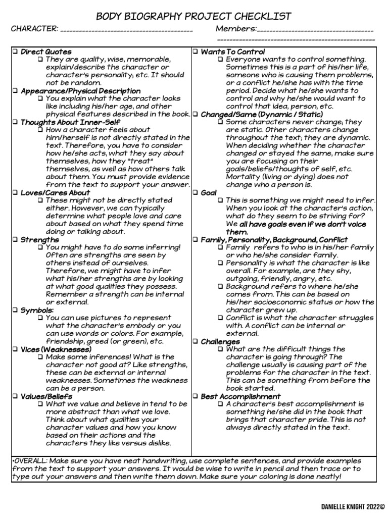 Student Checklist Body Bio Project | PDF | Thought | Psychology