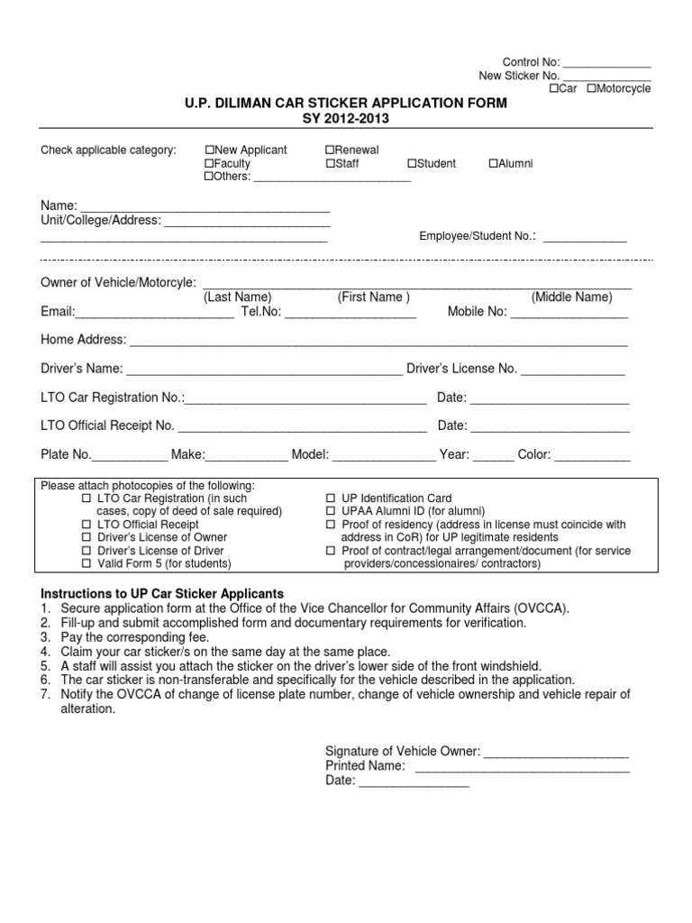 Car Sticker Form & Guidelines | PDF | Identity Document | Driver's License