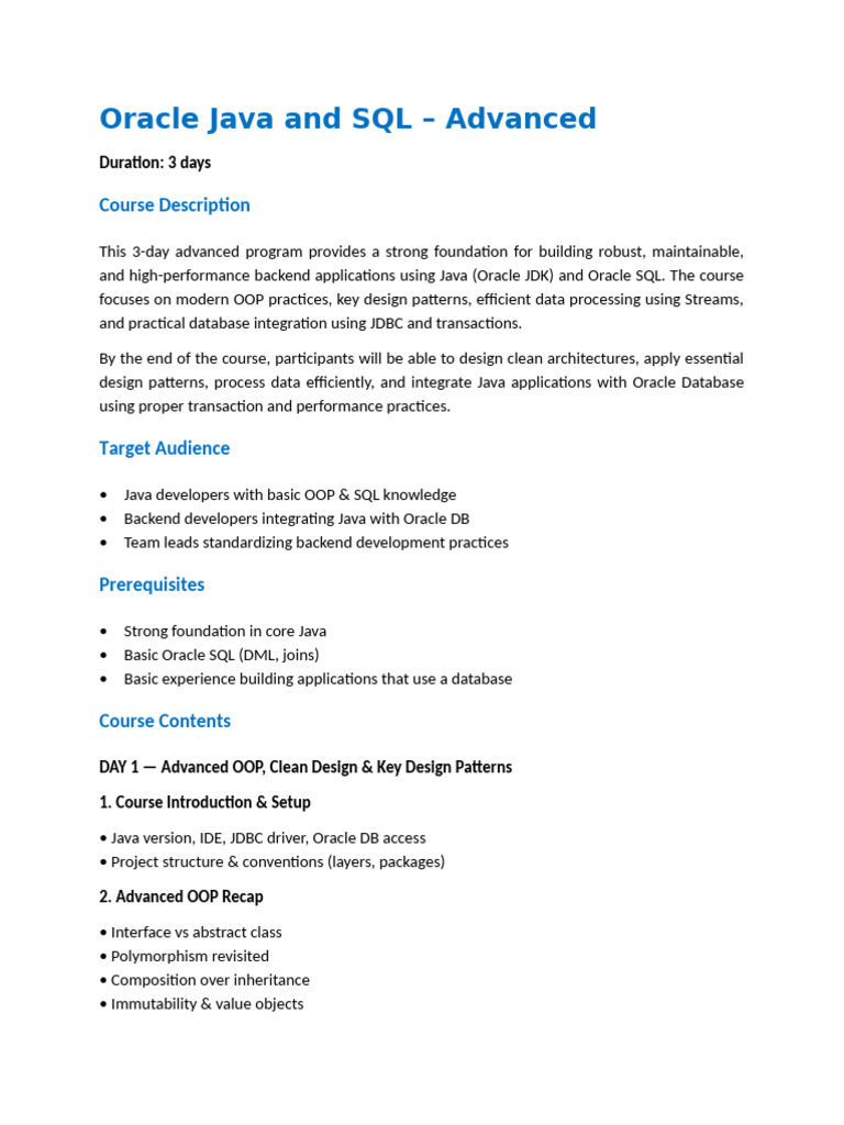 Advanced Java and Oracle SQL Course | PDF | Object Oriented Programming ...