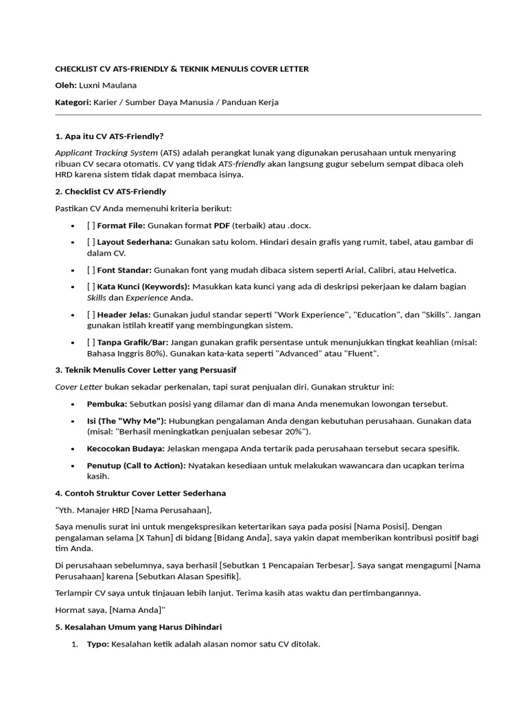 Panduan CV ATS-Friendly & Cover Letter | PDF