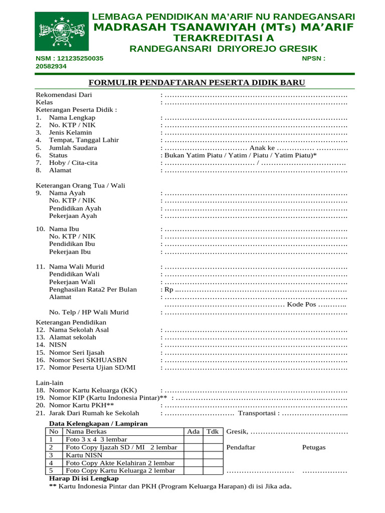Formulir Pendaftaran Siswa Baru 2023-2024 | PDF