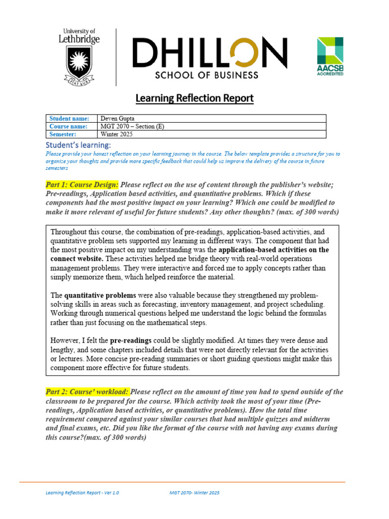 Learning Reflection Report MGT 2070 | PDF | Learning | Thought