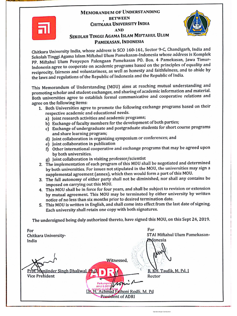 MoU Chitkara India | PDF