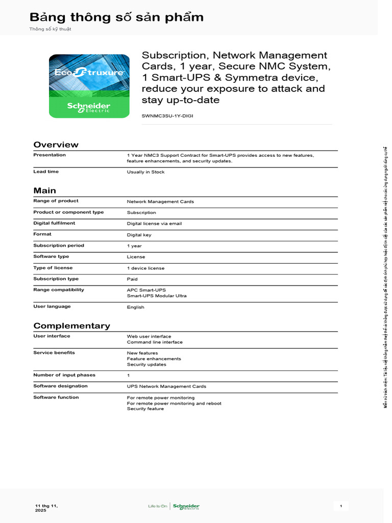 Schneider Electric Network Management Cards SWNMC3SU 1Y DIGI | PDF