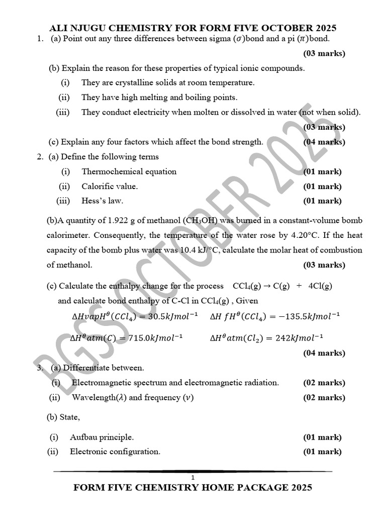 Form Five Home Package 2025 | PDF | Atomic Orbital | Electron