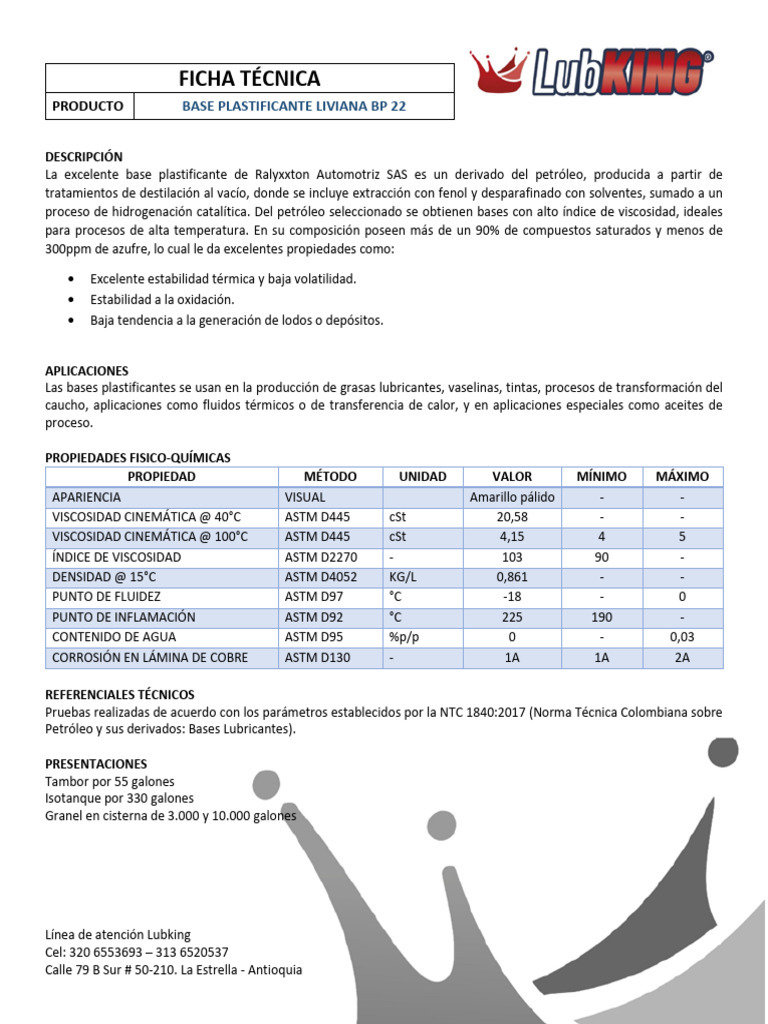 6. FT Lubking Base Plastificante BP 22 | PDF | Petróleo | Lubricante