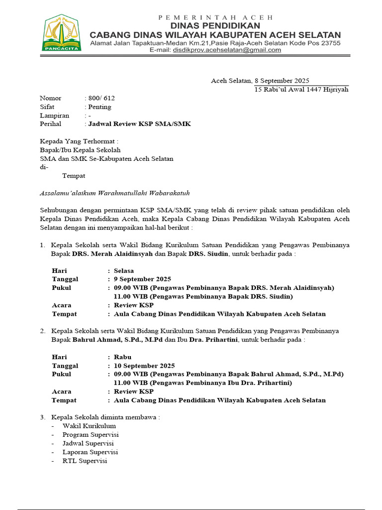 2025090816103728. Surat Undangan Jadwal Review KSP SMASMK | PDF