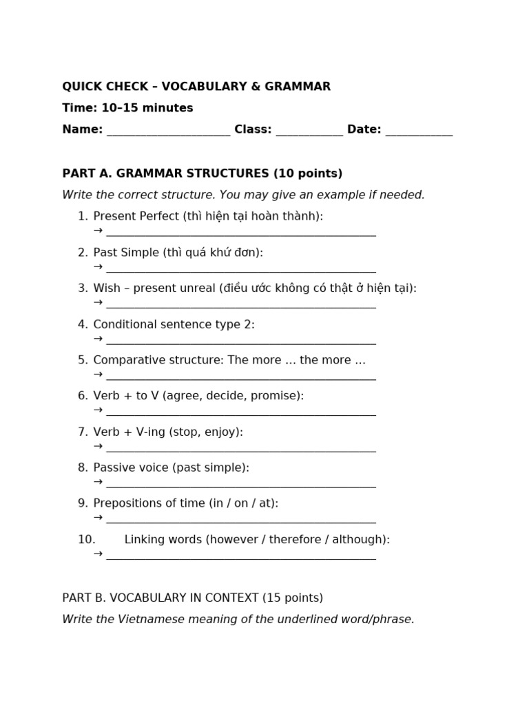 Vocabulary and Grammar Quick Check | PDF | Languages | Foreign Language ...