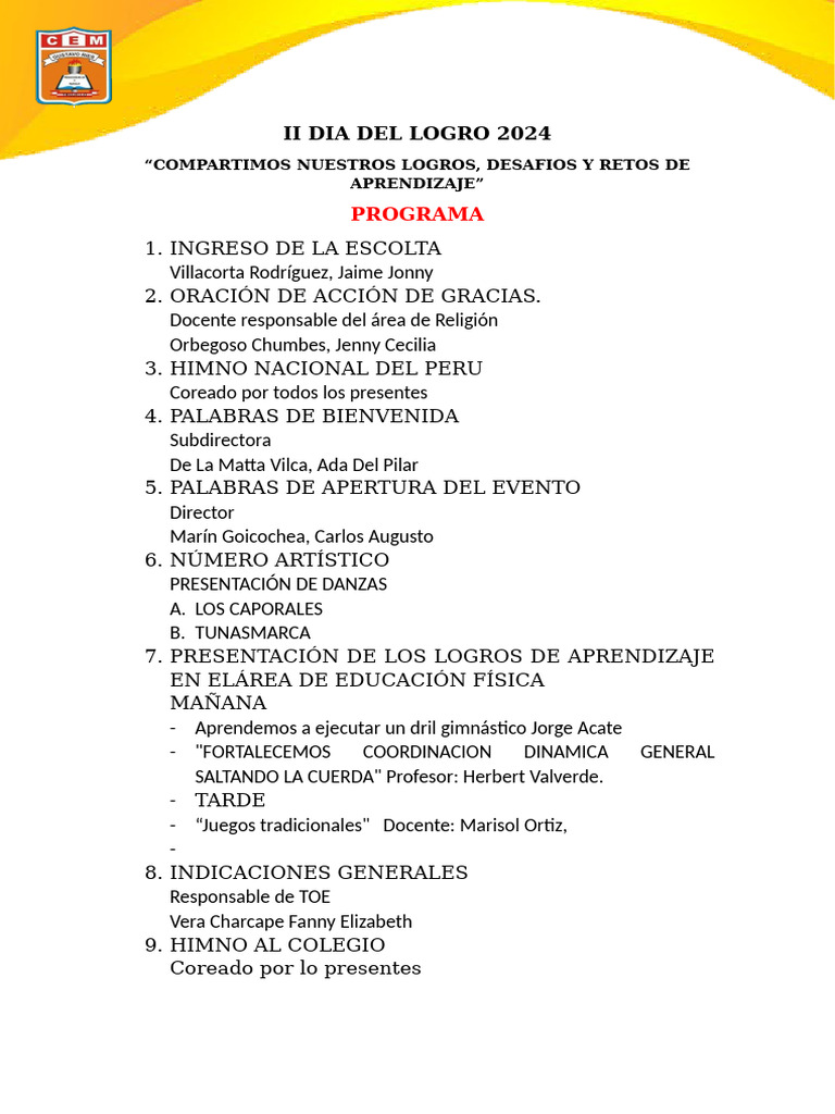 PROGRAMA II DIA DEL LOGRO 2024 | PDF | Enseñando | Aprendizaje
