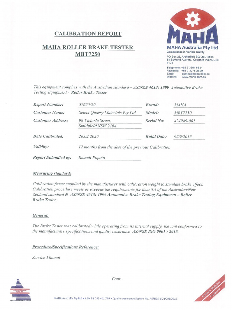 MAHA Roller Brake Tester MBT7250 - Calibration Report 26.02.2020 | PDF