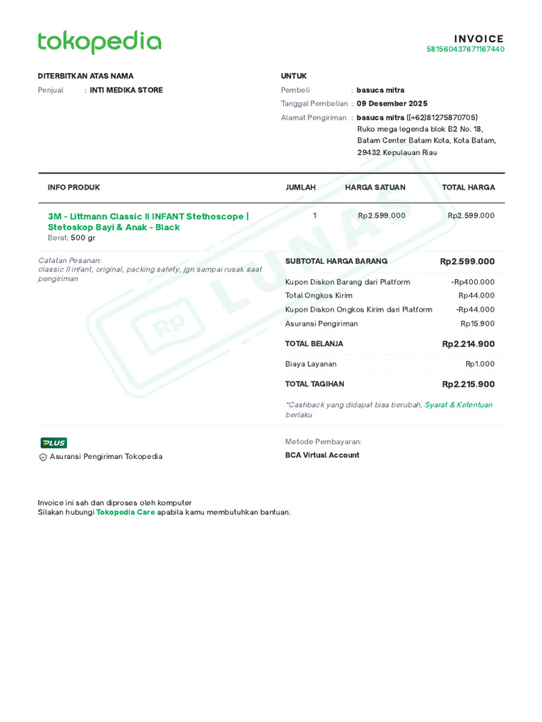 Invoice _ Tokopedia - Stethoscope Infant 3M | PDF