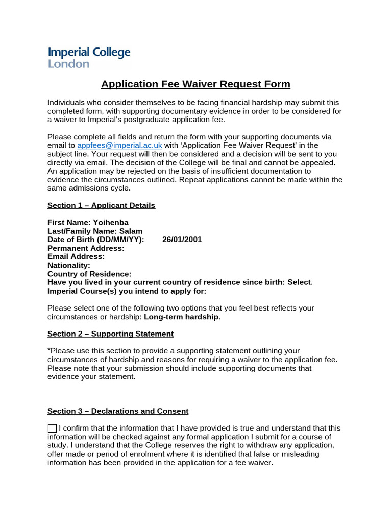 Application Fee Waiver Request Form | PDF