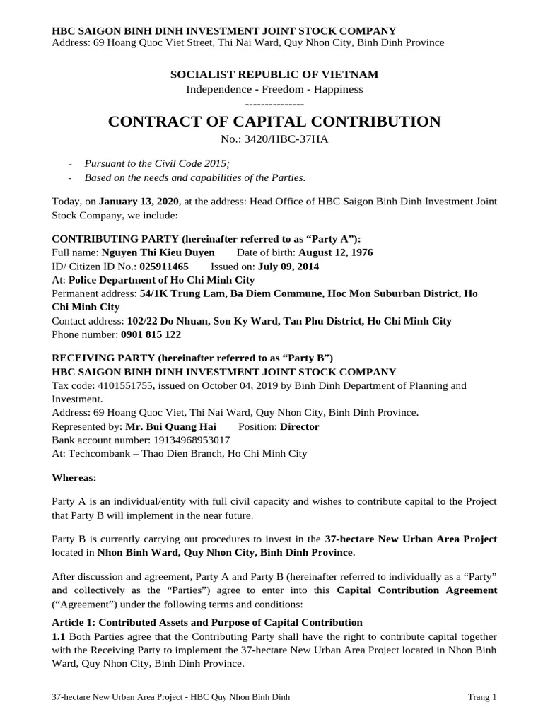 Capital Contribution Agreement for HBC Project | PDF | Ho Chi Minh City