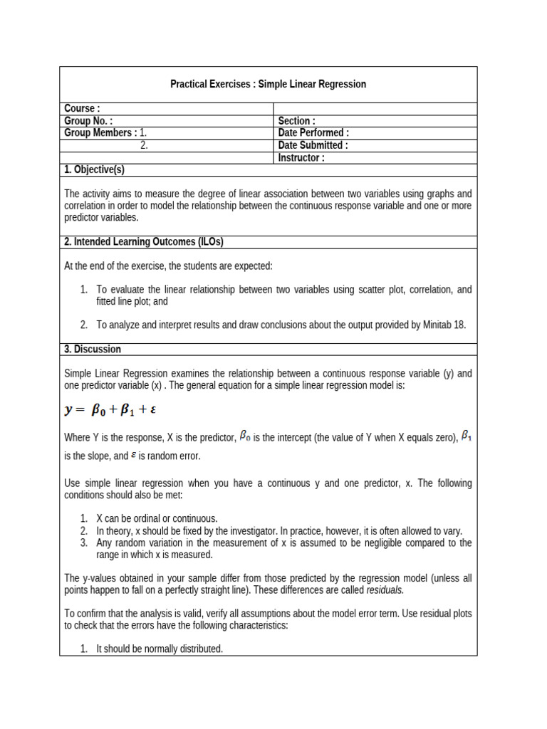 Practical Exercises Simple Linear Regression (1) | PDF | Errors And ...