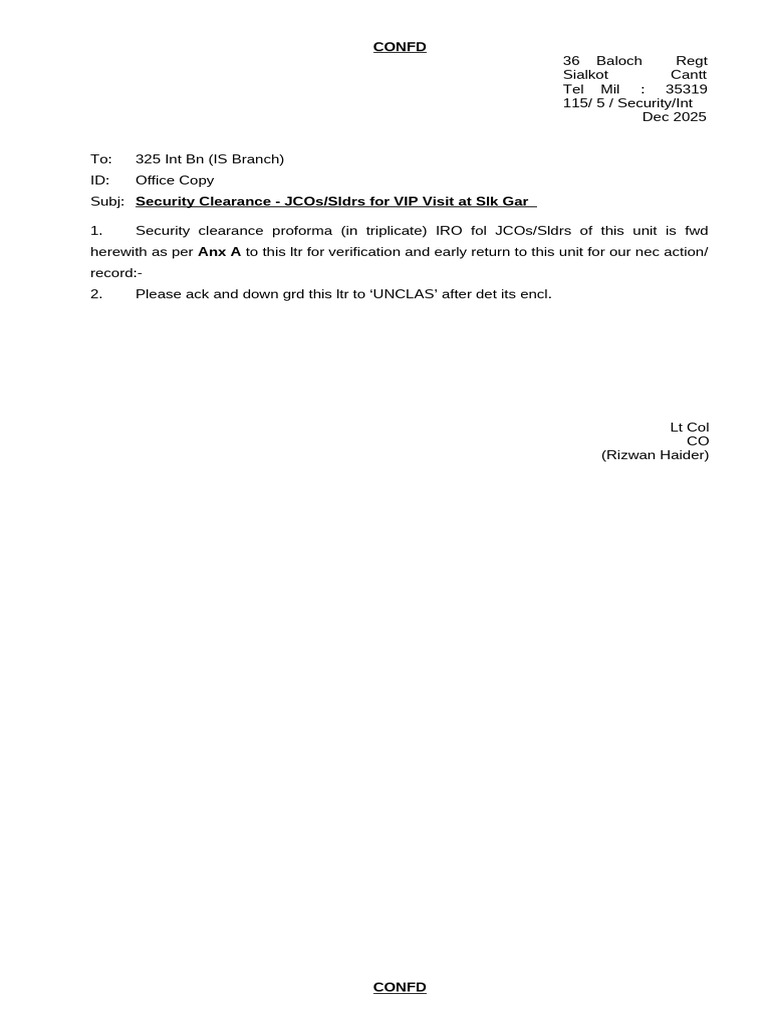 Security Clearance for VIP Visit - 36 Baloch | PDF | Abrahamic ...