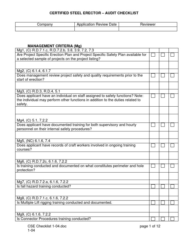 Certified Steel Erector - Audit Checklist | PDF | Welding | Construction