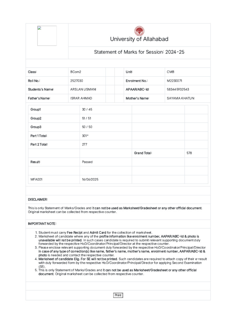University of Allahabad BCom2 Marks Statement | PDF