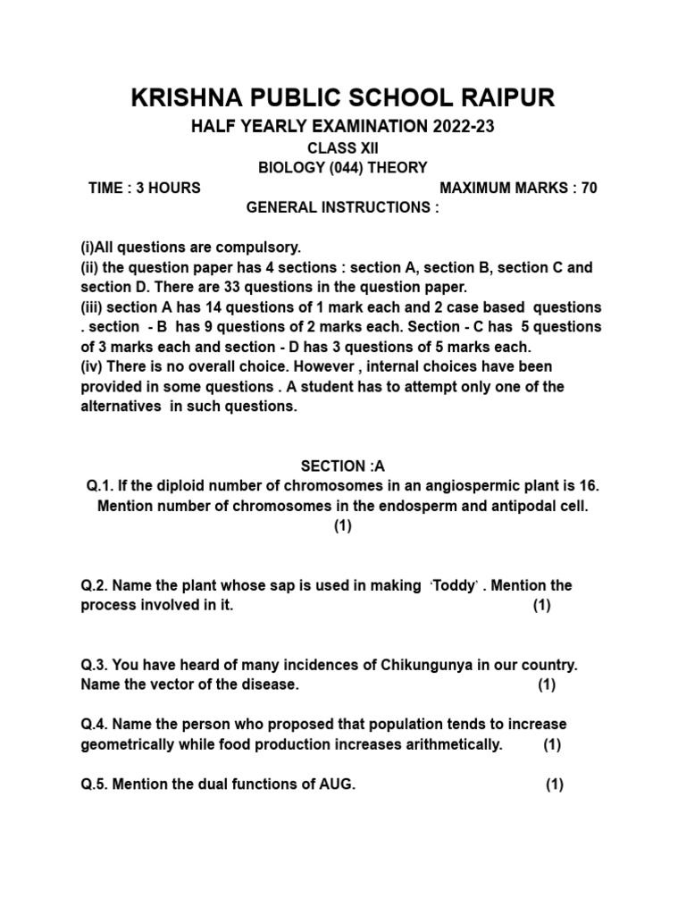 Class XII Biology Half-Yearly Exam 2022-23 | PDF | Genetic Code | Amino ...