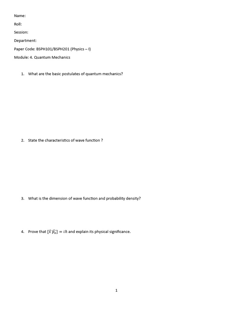Worksheet Quantum Mechanics | PDF