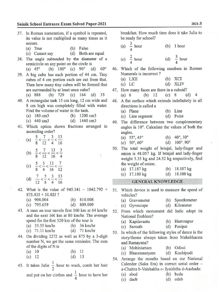 Sainik School 6th Class Question Paper With Solutions PDF | PDF