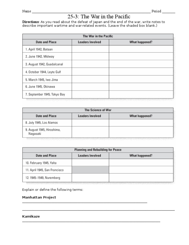 25-3 Worksheet - Pacific War | PDF | History