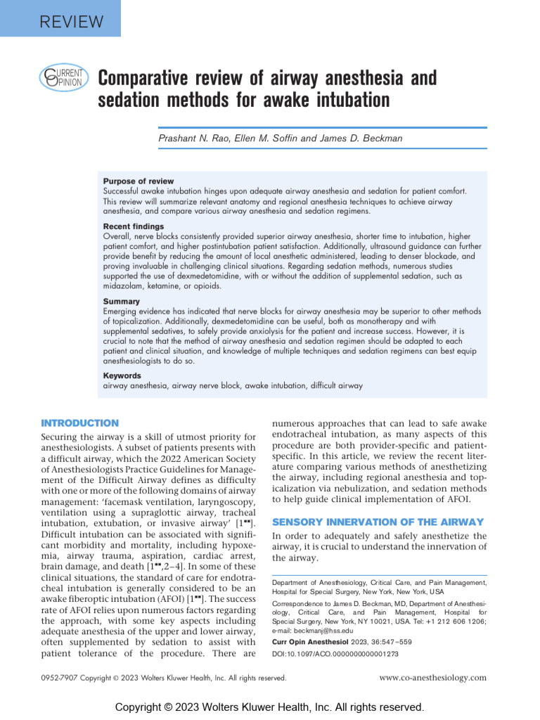 Airway Anesthesia for Awake Intubation | PDF | Anesthesia | Larynx