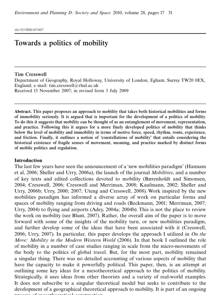 Cresswell - Towards A Politics of Mobility | PDF | Radio Frequency ...