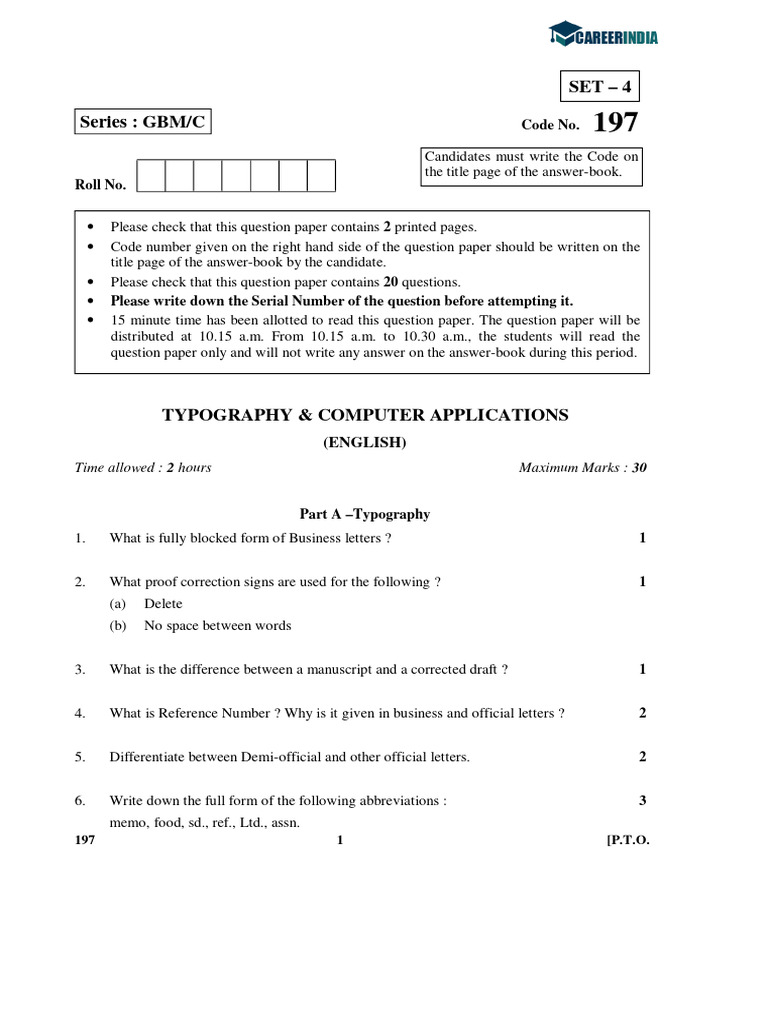 CBSE Class12 197 Typography and Computer Application Set 4 IOP-COMPTT ...