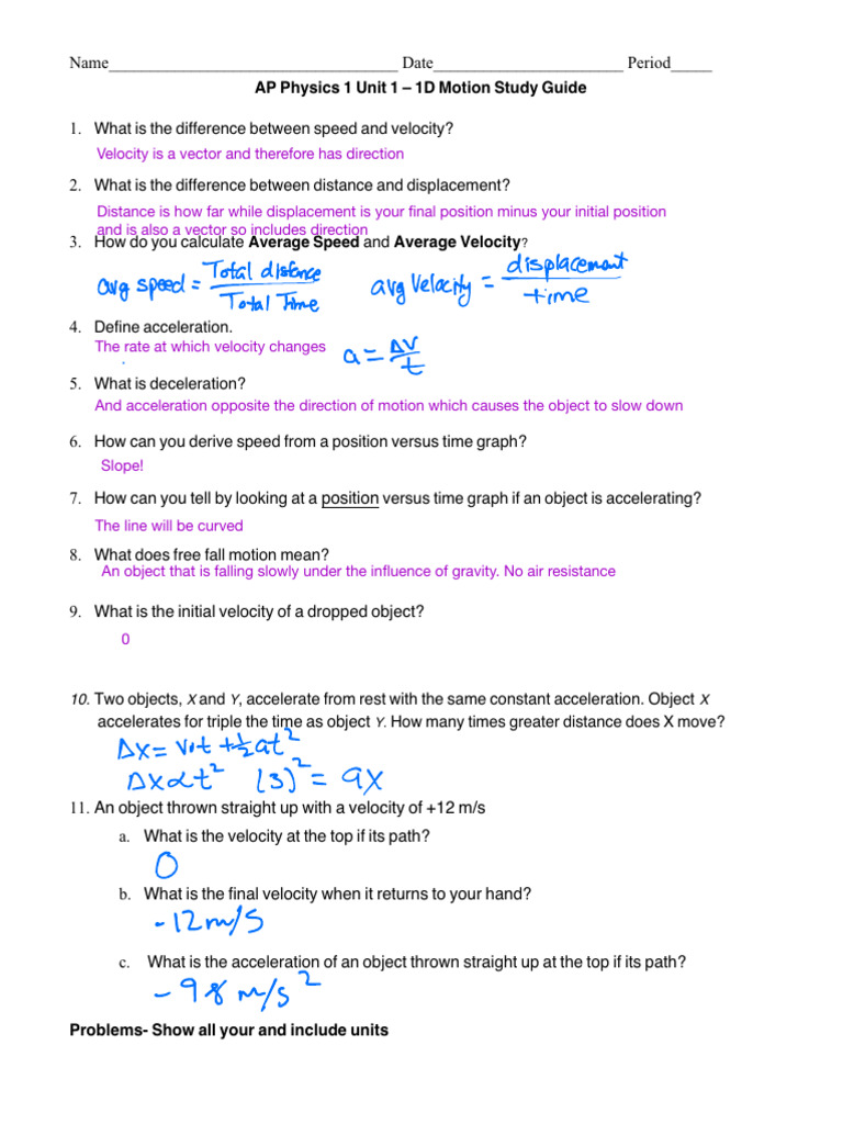 AP Physics 1: 1D Motion Study Guide | PDF | Acceleration | Velocity