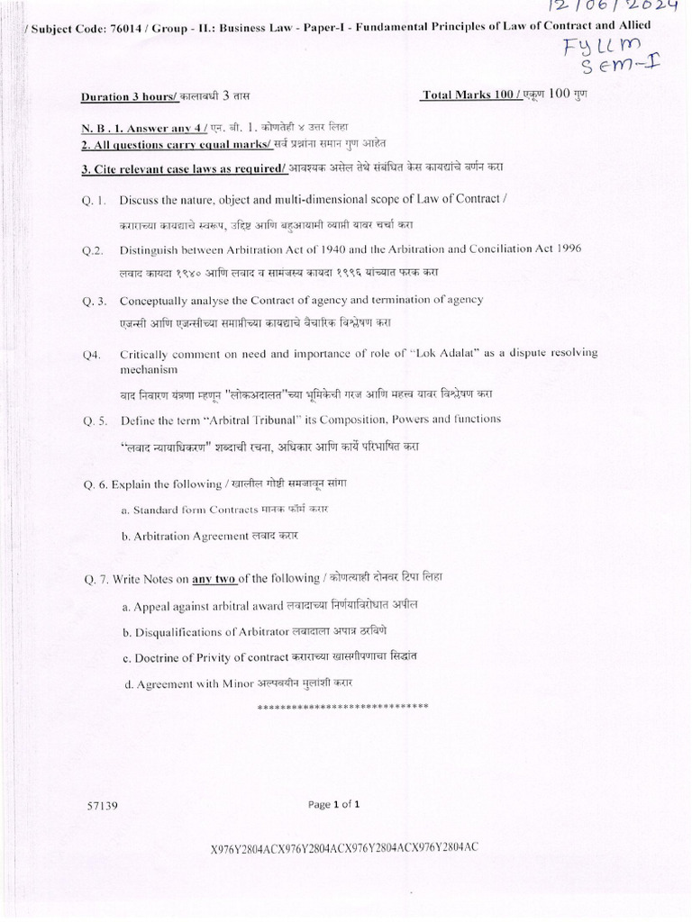 Business Law Paper I Fundamental Principles of Law of Contract | PDF