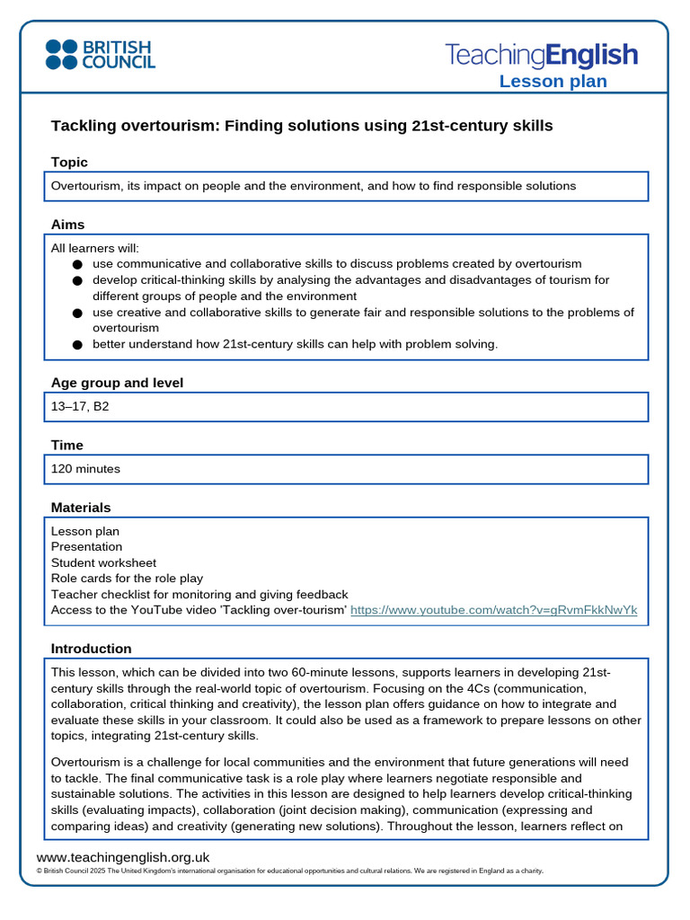 Solutions to Overtourism: Lesson Plan | PDF | Critical Thinking ...