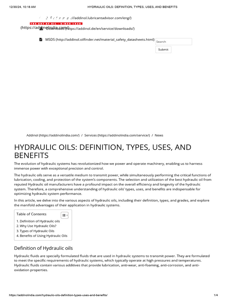 Hydraulic Oils - Definition, Types, Uses, and Benefits | PDF ...