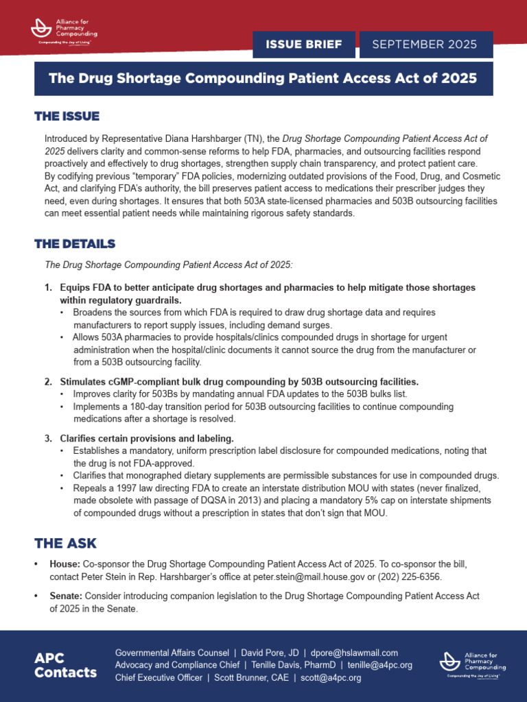 CCH2025 Brief Compounding Act | PDF | Food And Drug Administration | Drugs