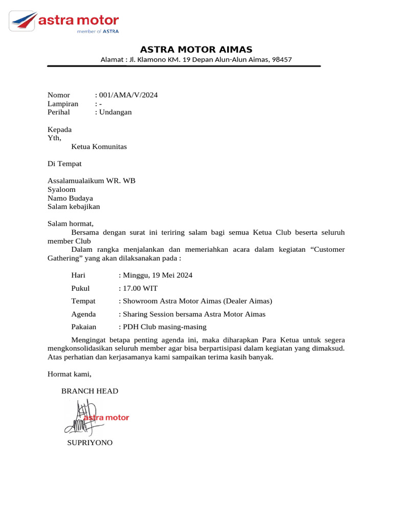 Undangan Customer Gathering Astra Motor | PDF
