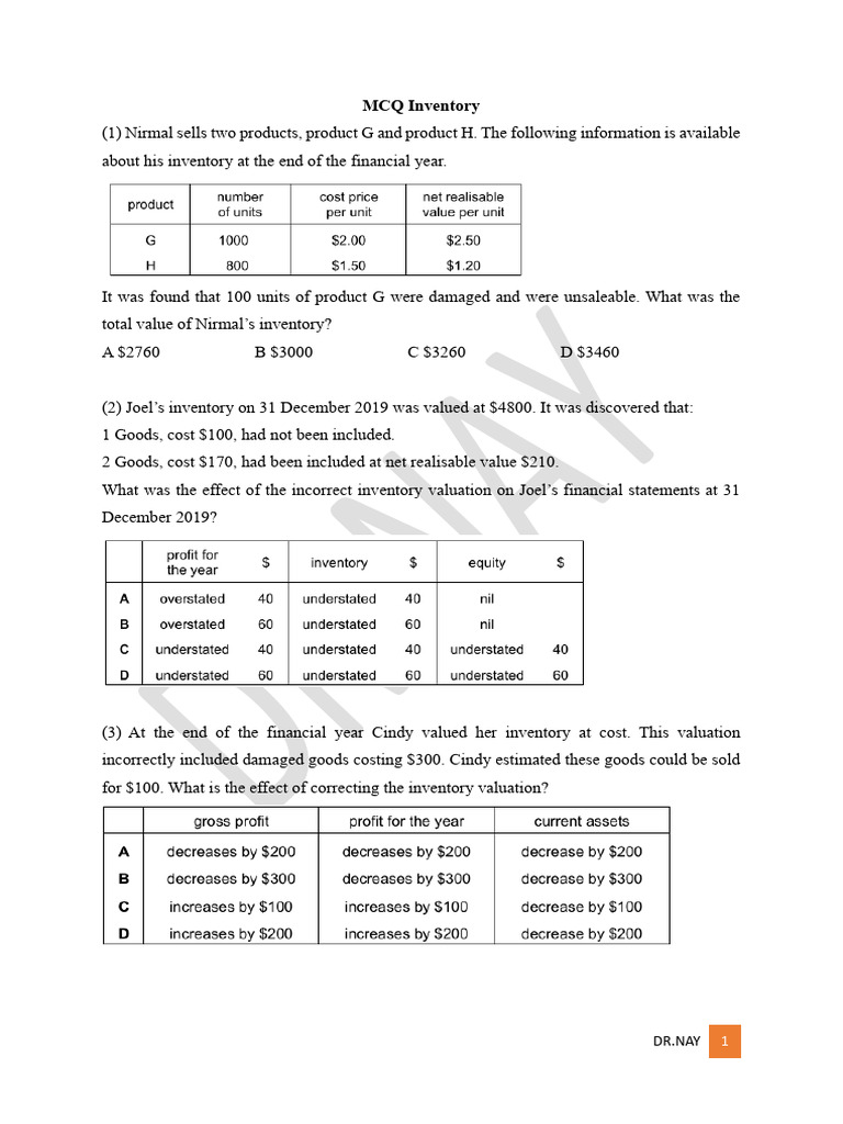 Inventory Valuation Errors MCQs | PDF | Inventory | Valuation (Finance)