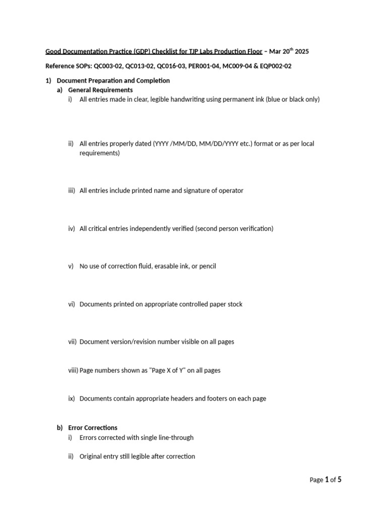 GDP Checklist for TJP Labs Production | PDF