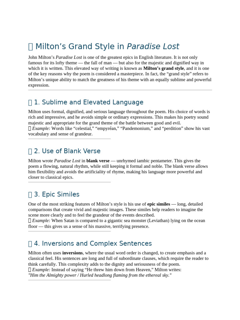 Paradise Lost Milton's Grand Style | PDF | Paradise Lost | Poetry