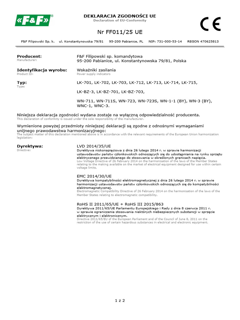 UE FF011 - 25 LK WN WNC Dek Zgod CE (LVD+EMC+RoHS) | PDF