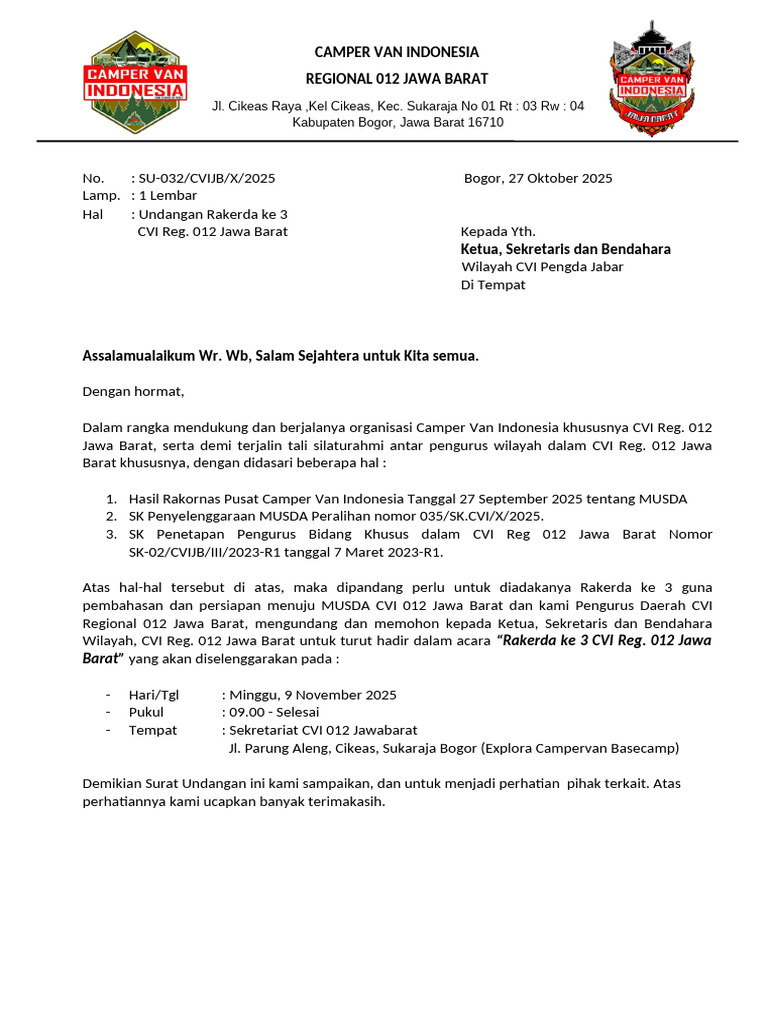 Surat Undangan Rakerda Ke 3 CVI 012 Jawa Barat | PDF