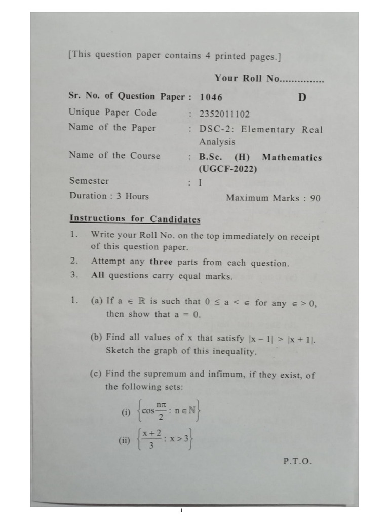 Elementary Real Analysis Question Paper - 2022 | PDF