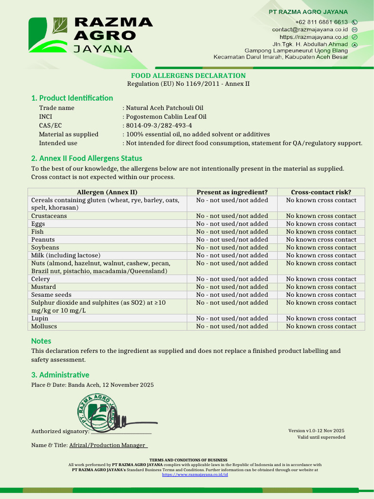 Food Allergen Declaration for Patchouli Oil | PDF | Food Allergy | Food ...